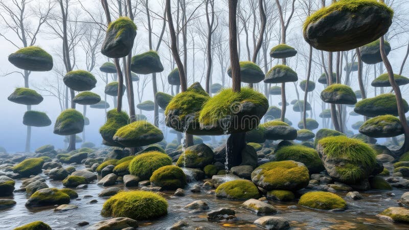 Floating Moss Rocks in Enchanted Forest Stock Illustration ...