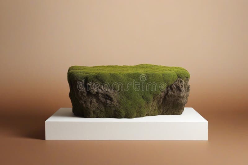 Floating Mossy Rock Podium with Earthy Gradient Background, Center Copy ...