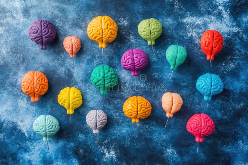 Floating Multi-Colored Brain Models on Blue Background for Educational ...