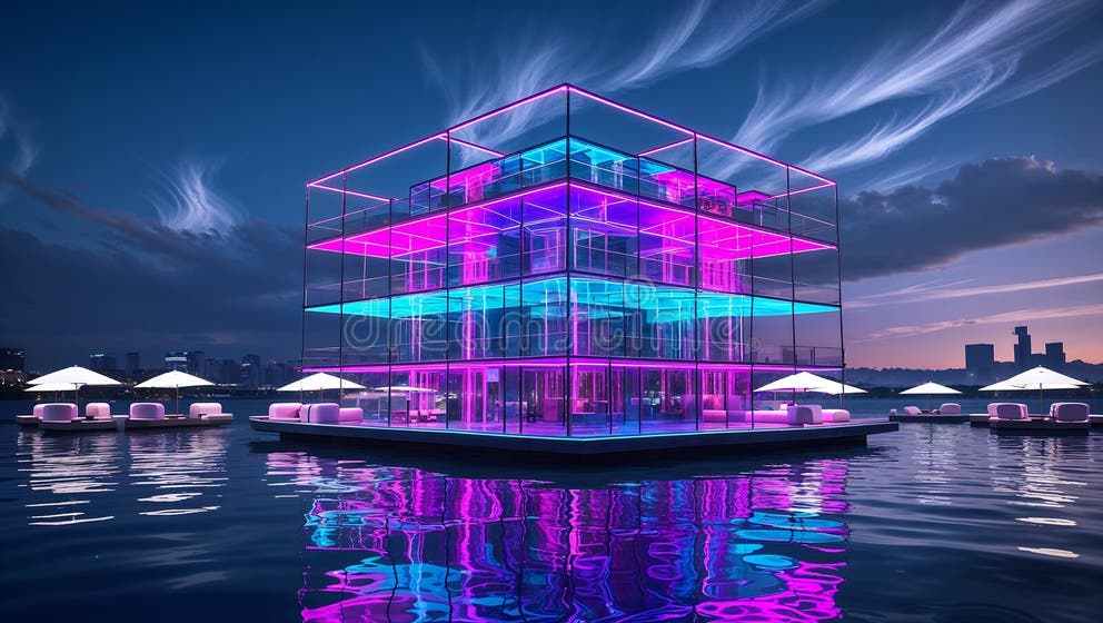 Floating Multi Level Structure with Neon Lights in Magenta, Lavender ...