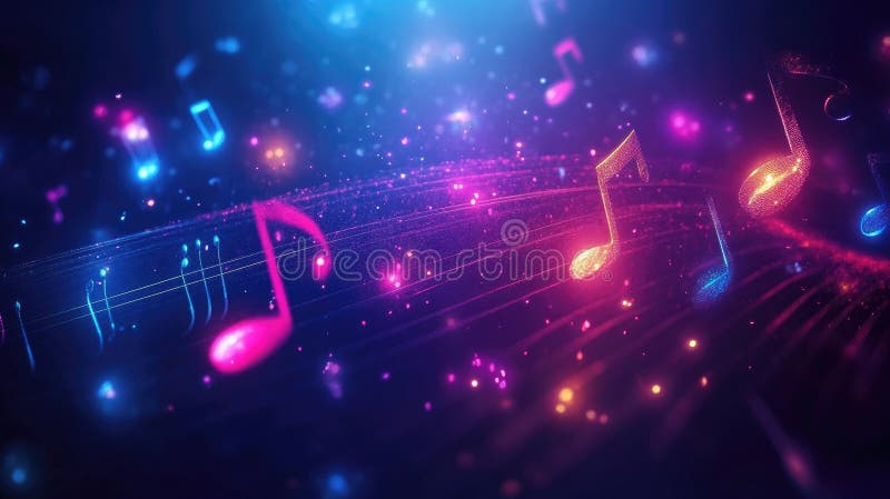 Floating Music Notes with Glowing Particles in Dark Digital Background ...