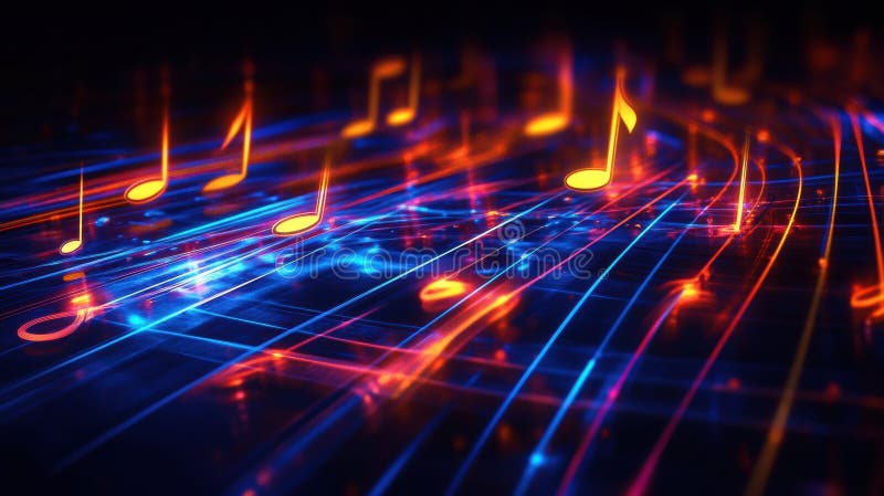 Floating Musical Notes Create a Vibrant Glow on Flowing Neon Staff ...