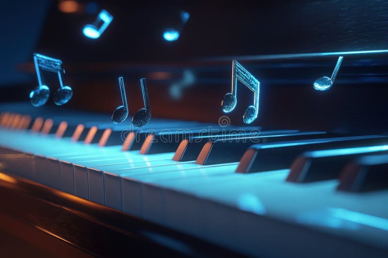 Musical Notes Gracefully Float Above a Pristine Piano in a Dimly Lit ...