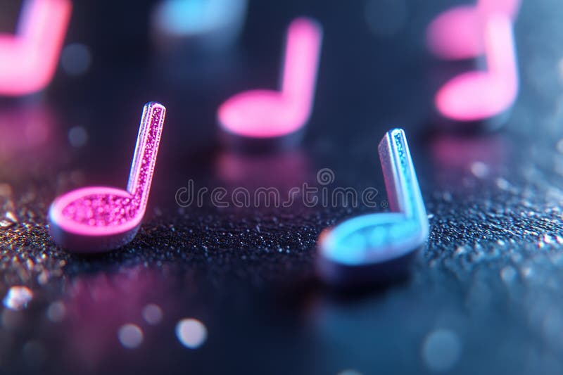Floating Musical Notes Radiate in Neon Blue, Pink, and Purple Against a ...