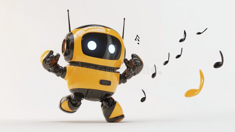 Floating Musical Notes Surround a Cheerful Robot As it Dances in a ...
