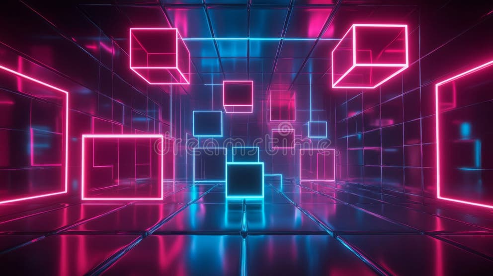 Floating Neon Cubes in Dark Reflective Space Stock Illustration ...