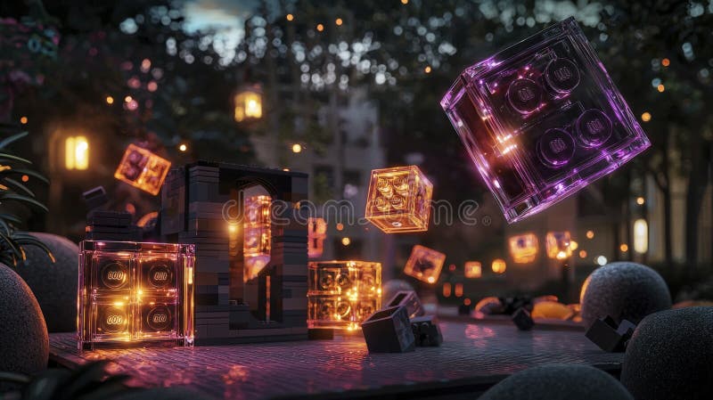 Floating Neon Cubes Display Urban Nightscape Digital Art Fantasy ...