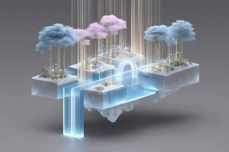 Floating Neon Forest with Digital Waterfall and Pastel Trees in ...