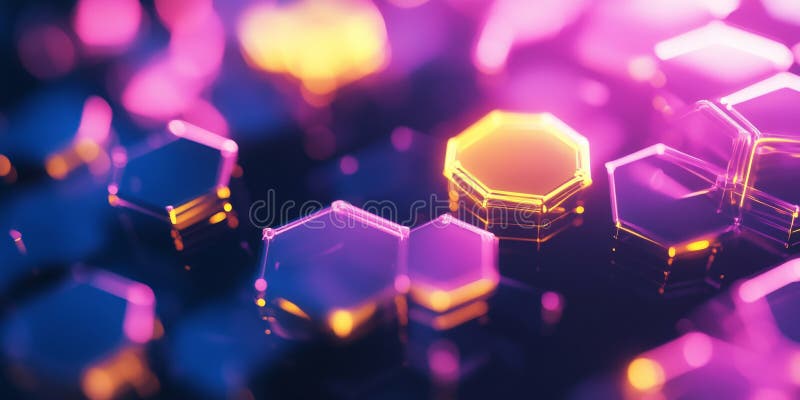 Floating Neon Hexagons with a Transparent Texture, Illuminated in Pink ...
