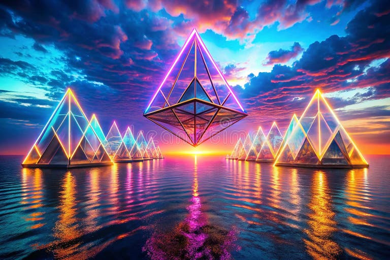 Floating Neon Pyramids on Water Sunset Stock Illustration ...