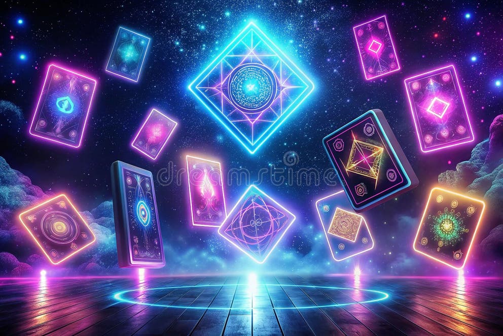 Floating Neon Tarot Cards in Cosmic Stage Setting Stock Illustration ...