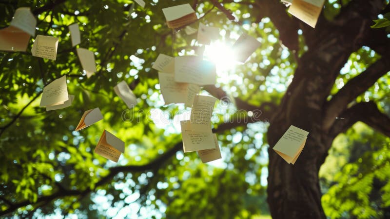 Floating Notes among Green Tree Branches in Sunlight Stock Photo ...