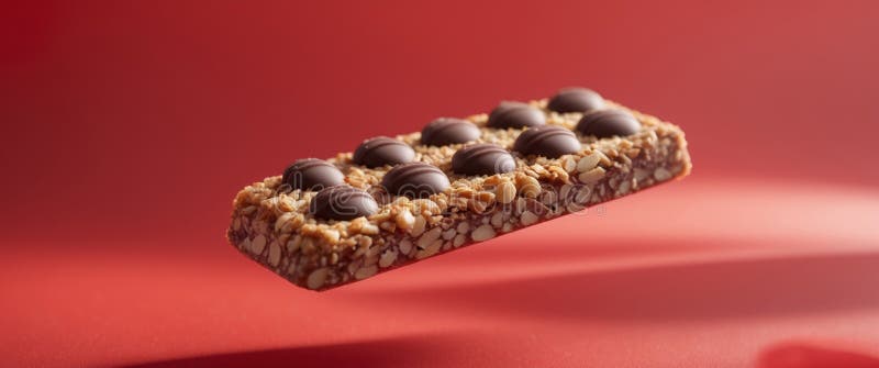 Floating Nutty Protein Bar with Chocolate on Red Background - Healthy ...
