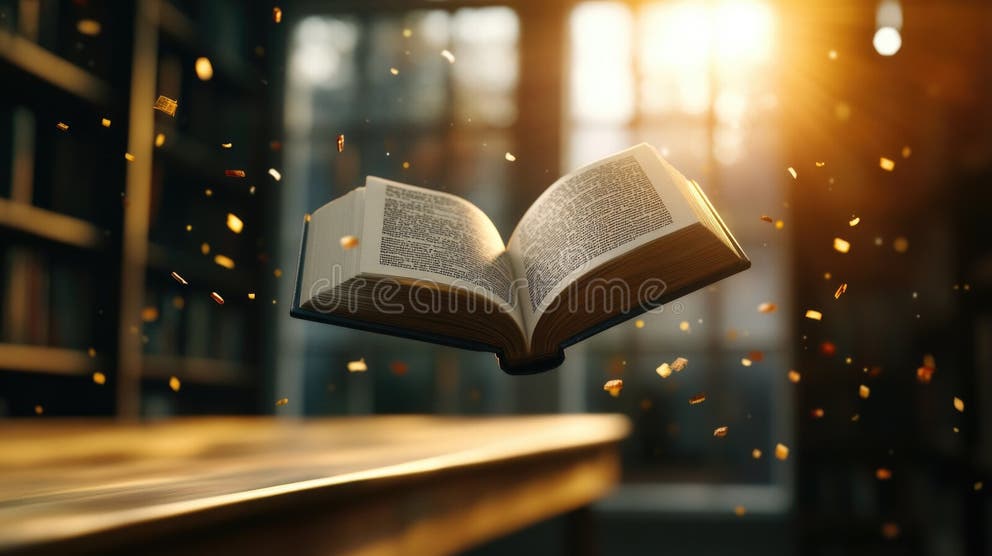 Floating Open Book in Sunlit Library with Magical Dust Particles Around ...