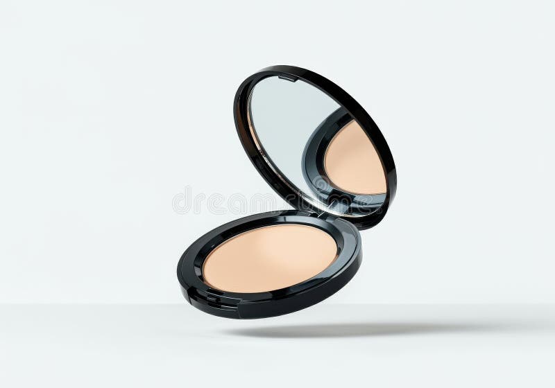 A Floating Open Compact Powder Case with a Mirror Inside, on a Solid ...