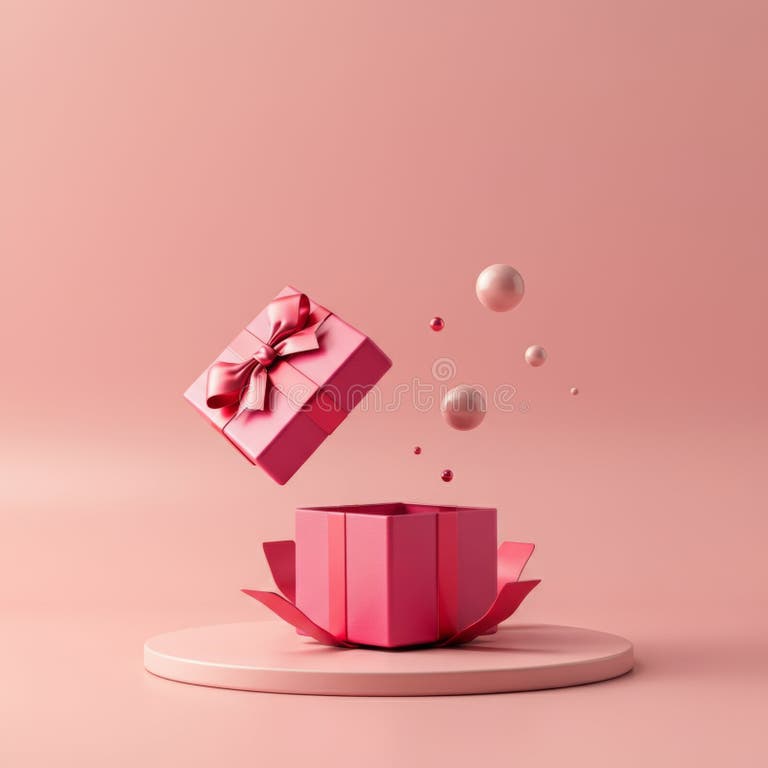 Floating Open Pink Gift Box with Bow on Pink Background and Floating ...