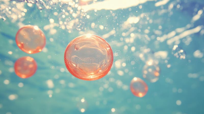 Floating Orange Bubbles Drift on the Surface of Clear Water, Creating a ...