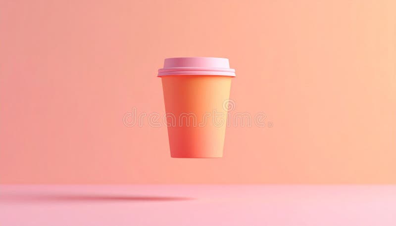 Floating Orange Coffee Cup with Pink Lid on Pastel Background Stock ...
