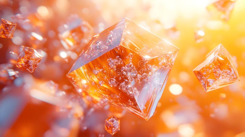 Floating Orange Crystal Cubes with Bubbles in Bright Light Environment ...
