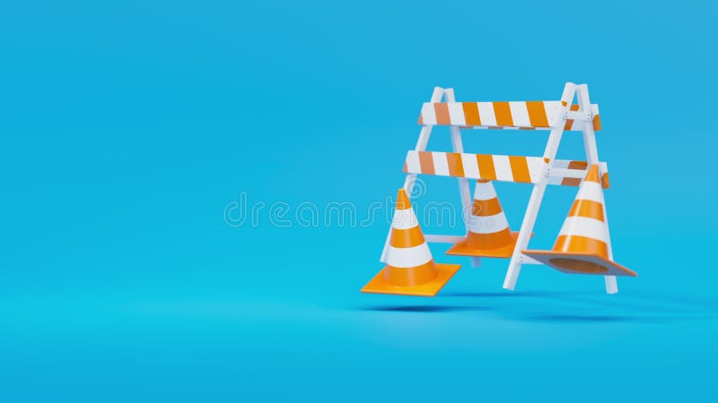 Floating Orange Traffic Cones and Barrier on Blue Background. Safety ...