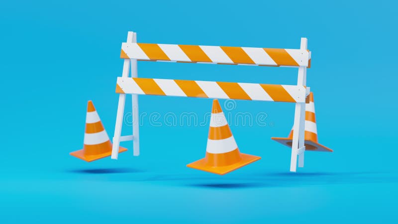 Floating Orange Traffic Cones and Barrier on Blue Background. Safety ...