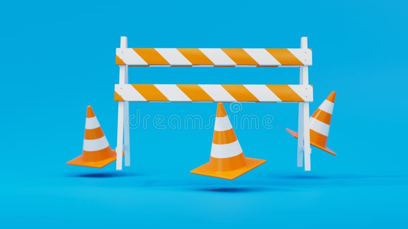 Floating Orange Traffic Cones and Barrier Isolated on Blue Background ...