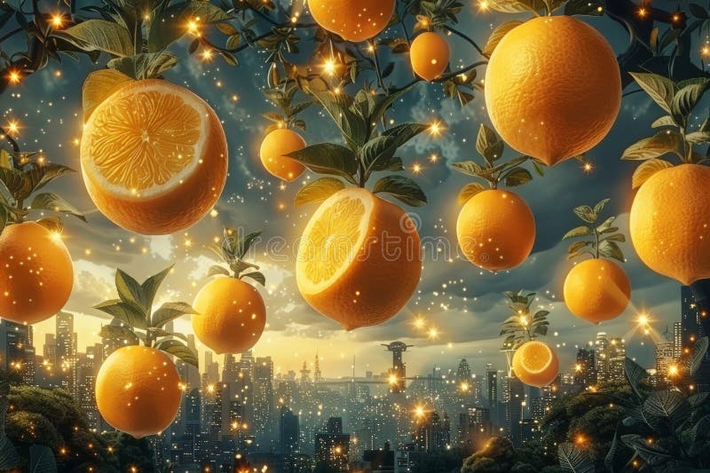 Floating Oranges Over a Cityscape at Twilight, Perfect for Creative and ...
