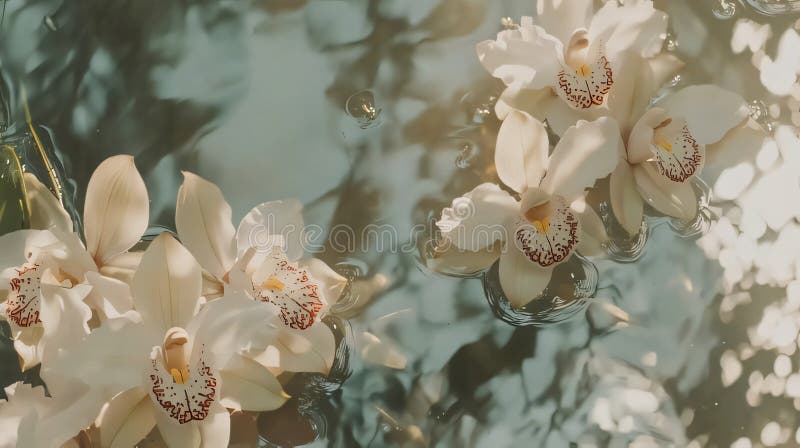 Floating Orchids on Water Surface with Subtle Ripples and Soft Lighting ...