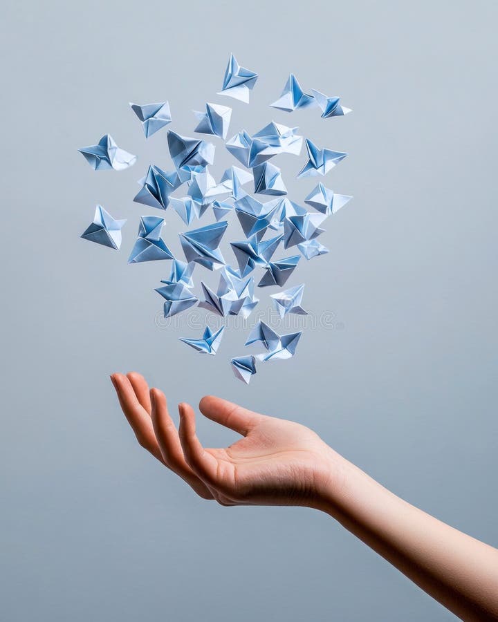 Floating Origami Pieces Above an Open Hand Stock Illustration ...