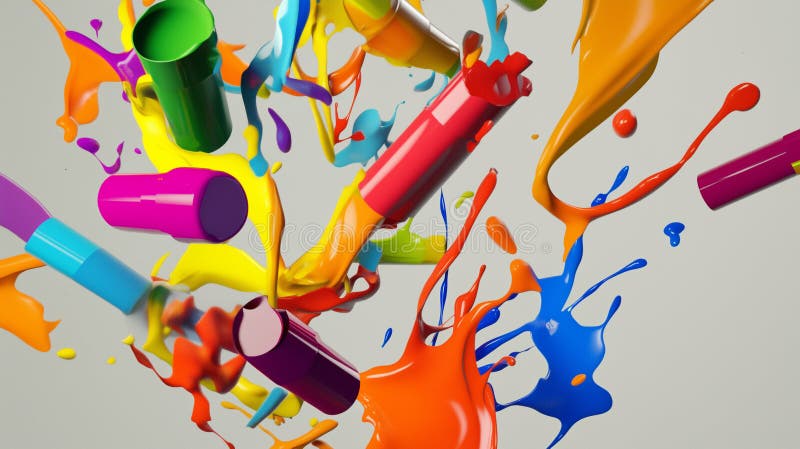 Floating Paint Tubes Splashing Colorful Paint in Mid-Explosion Abstract ...