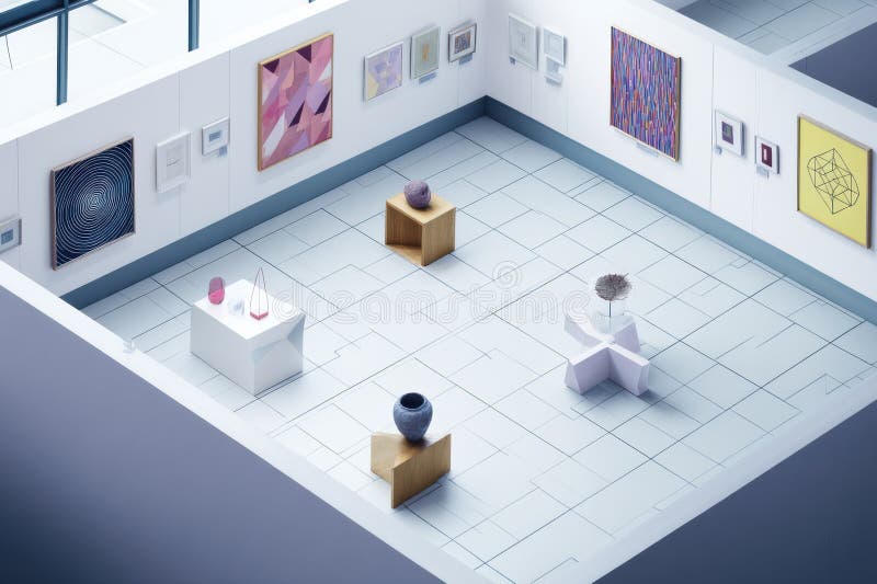 Isometric Art Gallery Features Floating Artworks and Unique Sculptures ...