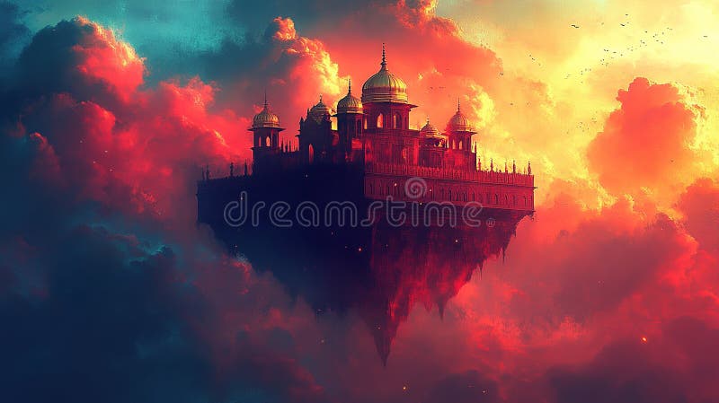 Floating Palace in Fiery Clouds Stock Image - Image of aerial, mystical ...