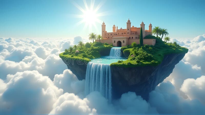 Floating Palace with Waterfall in the Clouds Stock Image - Image of ...