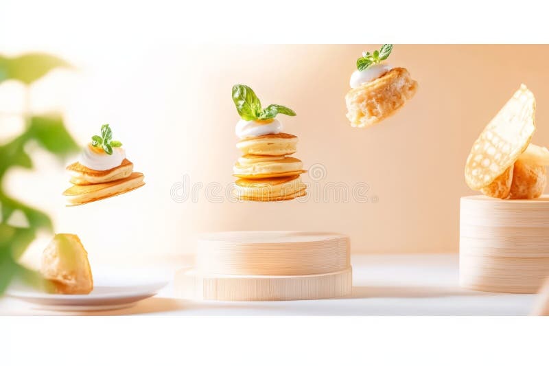 Floating Pancakes with Dollops of Cream and Mint Leaves Visualize ...