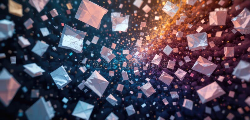 Floating Paper Envelopes with Sparkling Light Trails on Dark Background ...