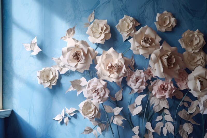 Floating Paper Flowers with Soft Shadows on a Wall Stock Illustration ...