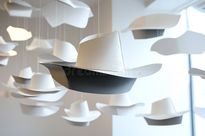 Floating Paper Hats Hang from the Ceiling, Offering a Unique Visual ...