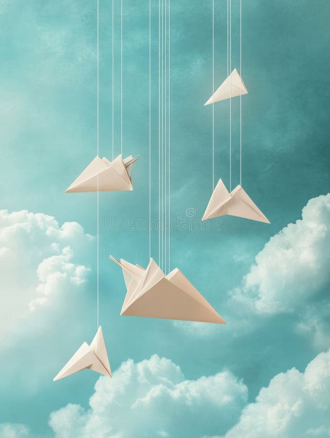 Floating Paper Planes Drift Against a Soft Sky Adorned with Gentle ...