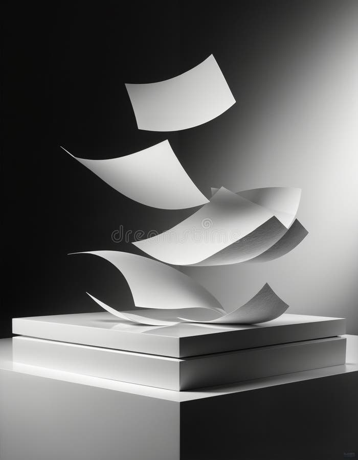 Floating Paper Sheets Creating Artistic Display on a Minimalist Table ...