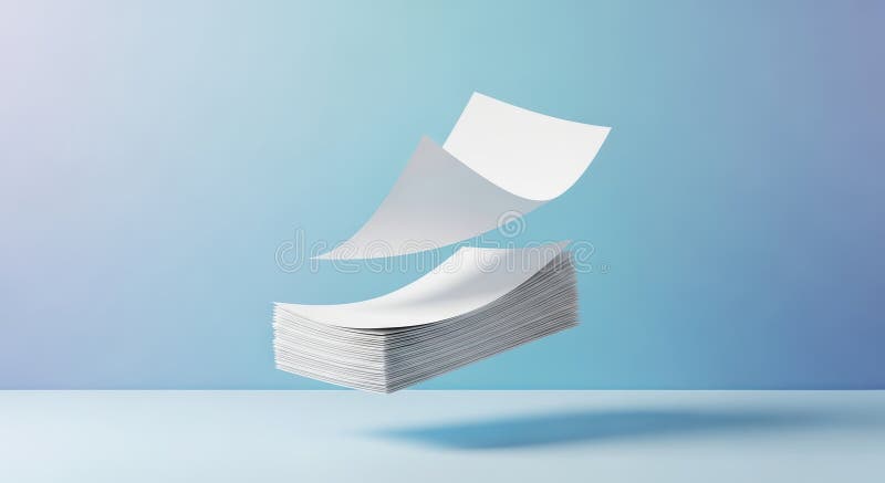 Floating Paper Stack and Sheets on Blue Background Stock Illustration ...