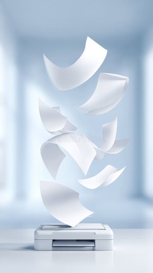 Floating Papers Above Printer in Bright Minimalist Office Setting Stock ...