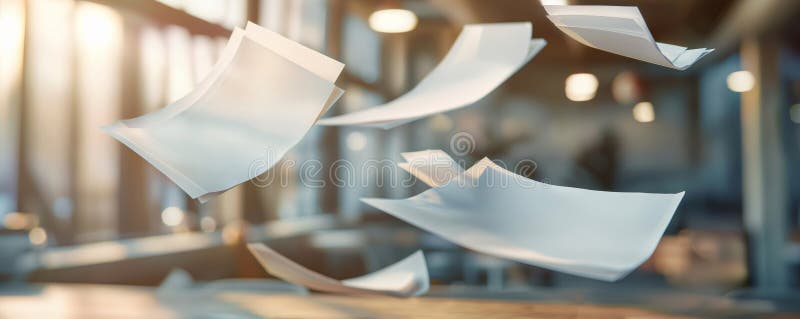 Floating Papers in Warmly Lit Modern Office Setting. Stock Photo ...