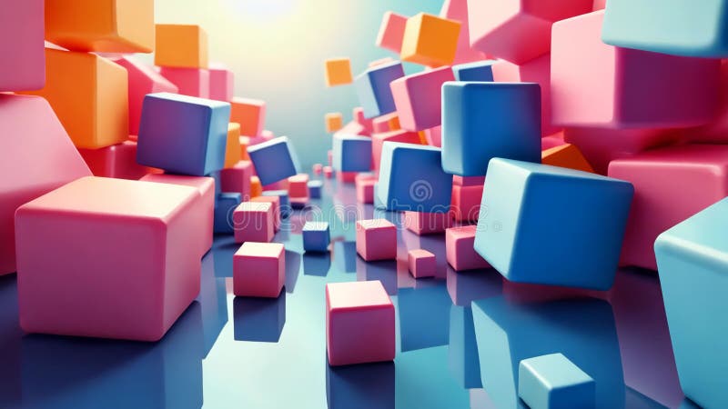 Floating Pastel Cubes Create a Colorful Pathway on Reflective Surface ...