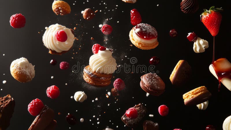 Floating Pastries and Berries Against Dark Background Stock ...