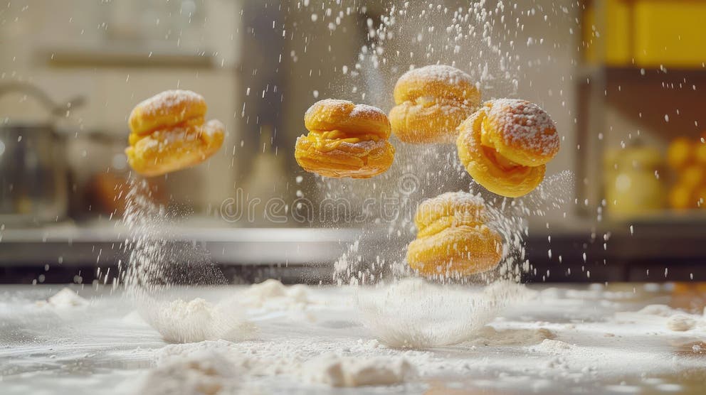 Delicious Cream Puffs Flying in Flour Dust: a Culinary Delight Stock Illustration - Illustration ...