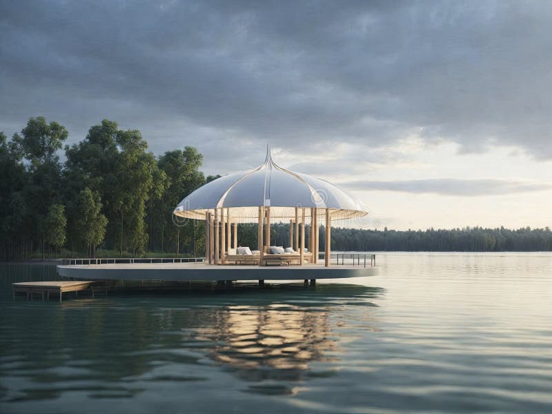 A Floating Pavilion on the Edge of a Serene Lake Stock Illustration ...