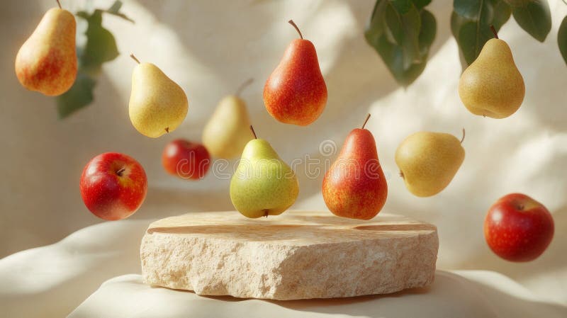 Floating Pears and Apples on Stone Platform Stock Illustration - Illustration of healthy, apples ...