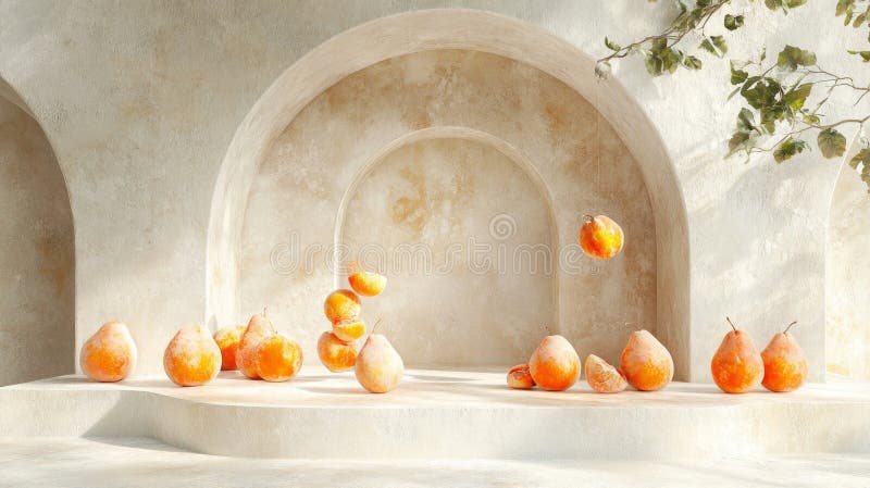 Floating Pears and Oranges in a Minimalist Setting Stock Illustration ...