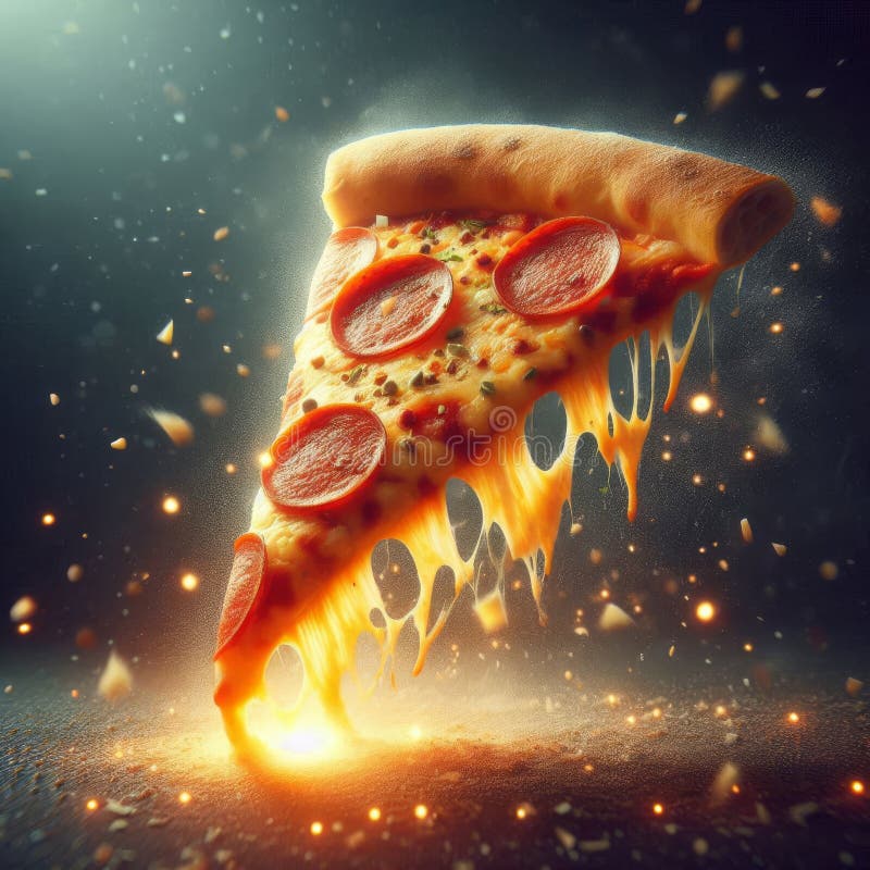 Floating Pepperoni Pizza Slice with Melted Cheese in Dynamic Lighting ...