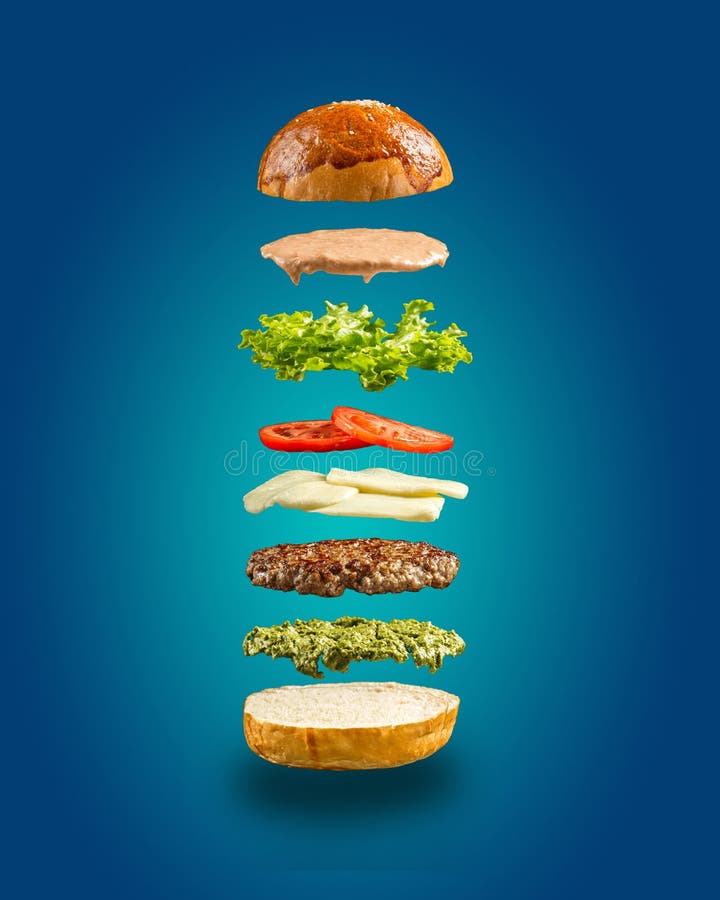 Floating Burger Ingredients on the Green Background Stock Photo - Image ...